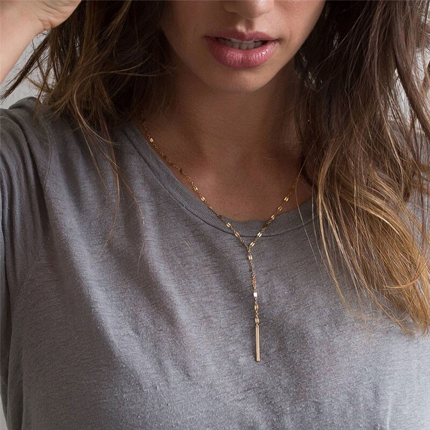 Stainless Steel Long Chain Rectangle Necklace