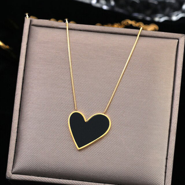 Stainless Steel Black Heart Pendant Necklace