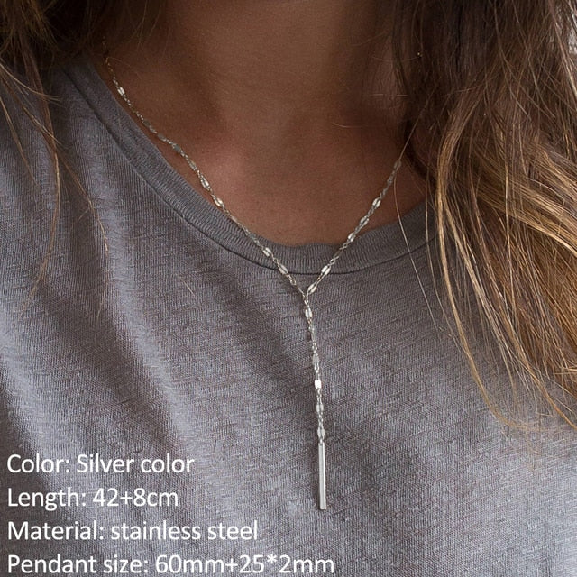 Stainless Steel Long Chain Rectangle Necklace